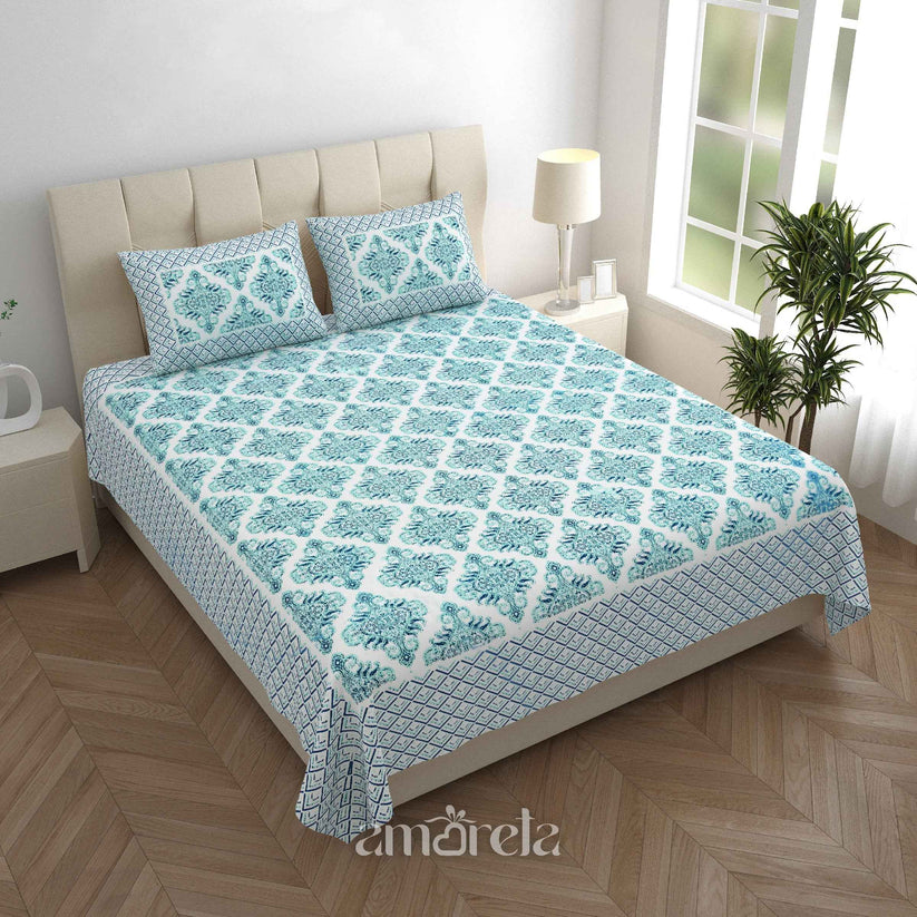 Double Bed Sheet Set – 100% Pure Cotton with Designer Print on White ...